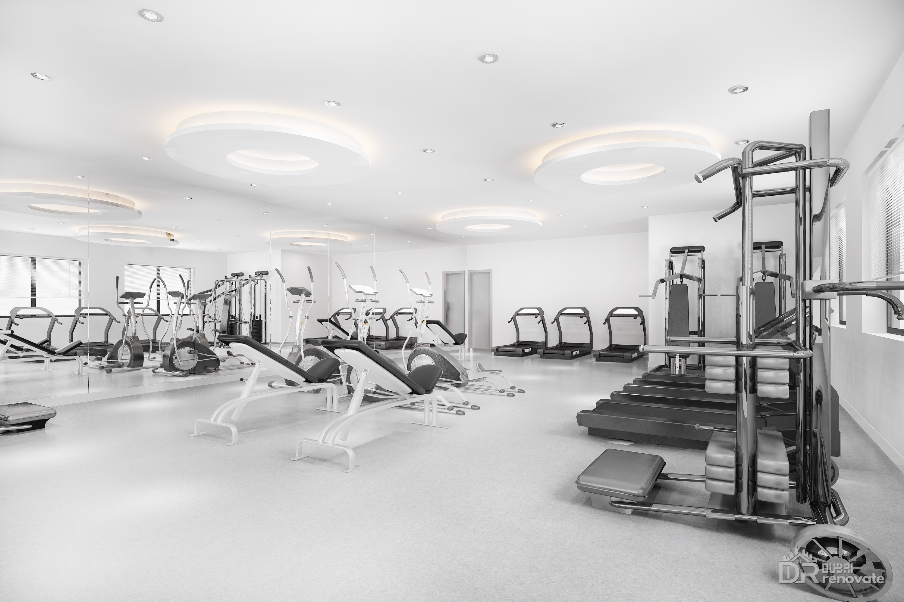 Dubai minimalist white gym interior with circular recessed lights and ...