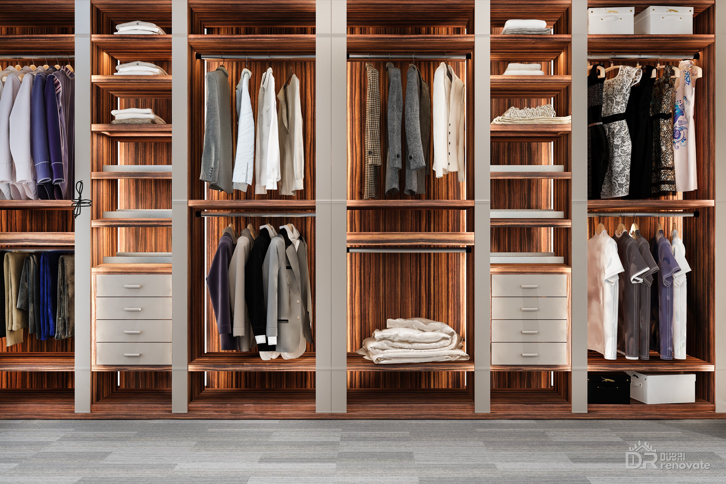 Dubai warm wood open walk in closet with grey drawers: 7 Stunning ...